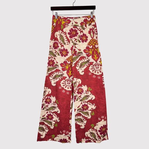 Zara | Pants & Jumpsuits | Zara Womens Pants Red Floral Wide Leg Linen ...